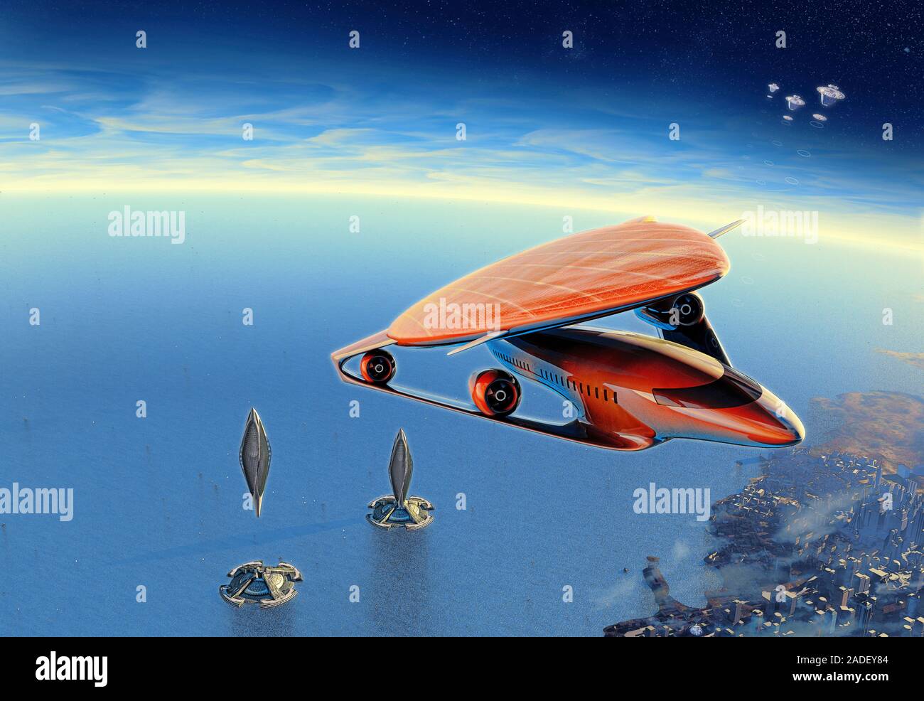 Future solar aircraft, illustration. Other futuristic flying craft and ...
