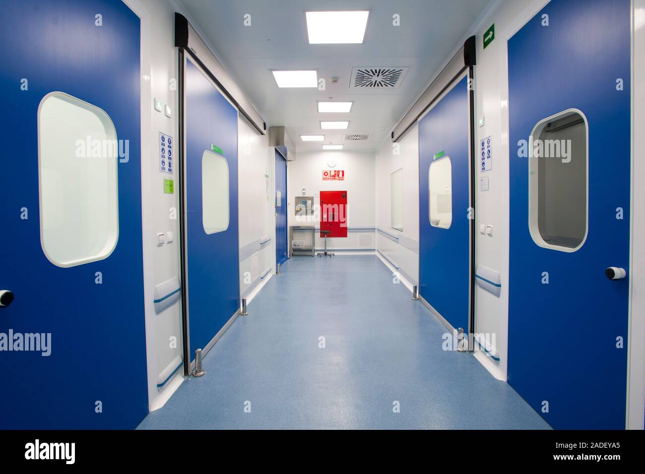 Pharmaceutical drug production. Corridor and doors to different rooms ...