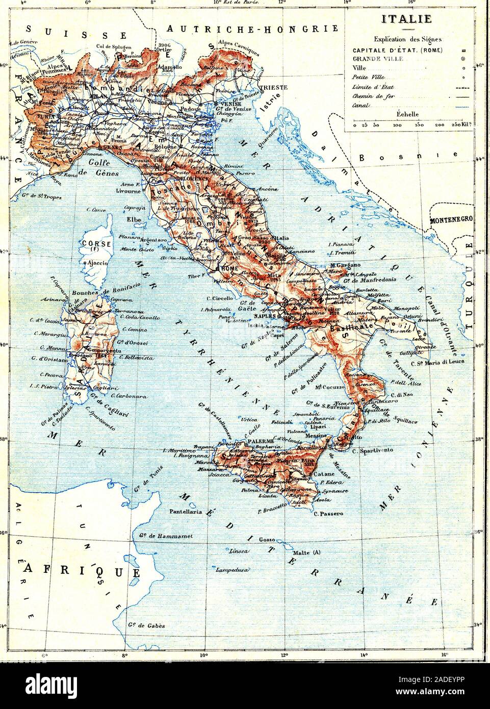 Map of Italy, 1880s. 19th-century French map of the country of Italy ...