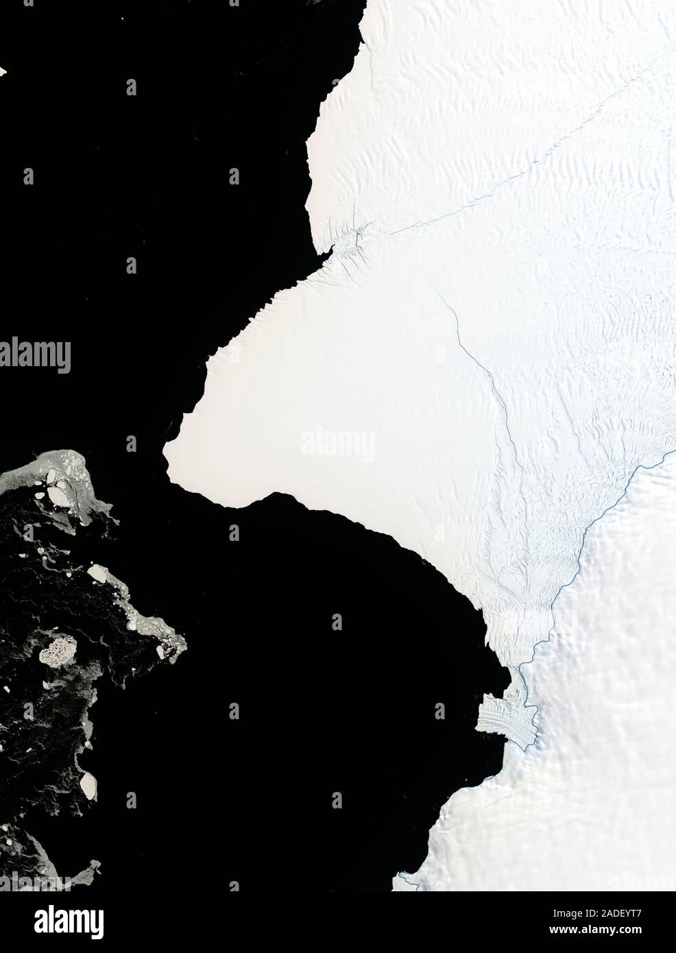 Cracks in Brunt ice shelf in Antarctica, satellite image. North is at ...