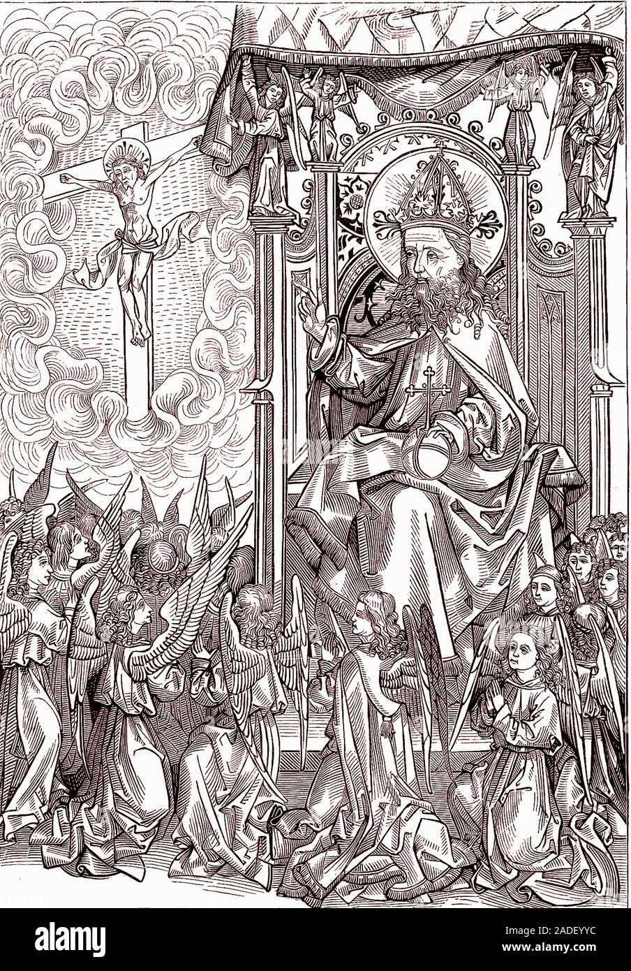 God and his angels. 15th-century illustration from a bible produced in ...