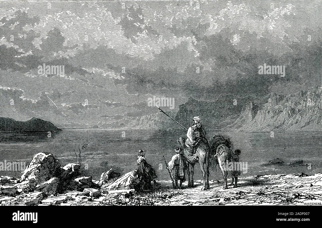 The Dead Sea with travellers on its shore, 19th-century illustration ...