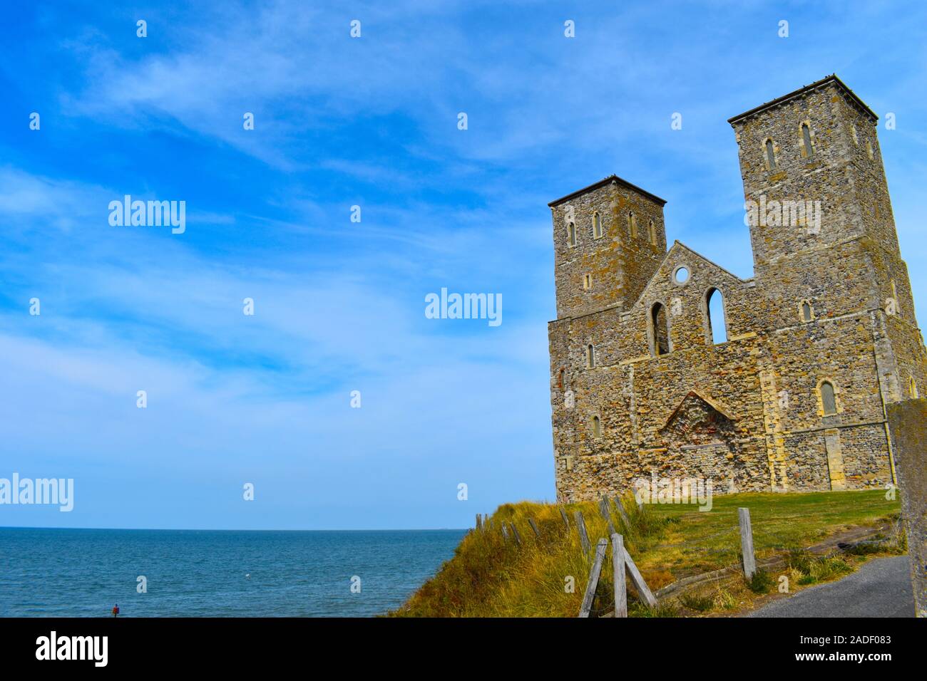 The twin towers of St Mary's Church, Reculver, Herne Bay, Kent, England ...