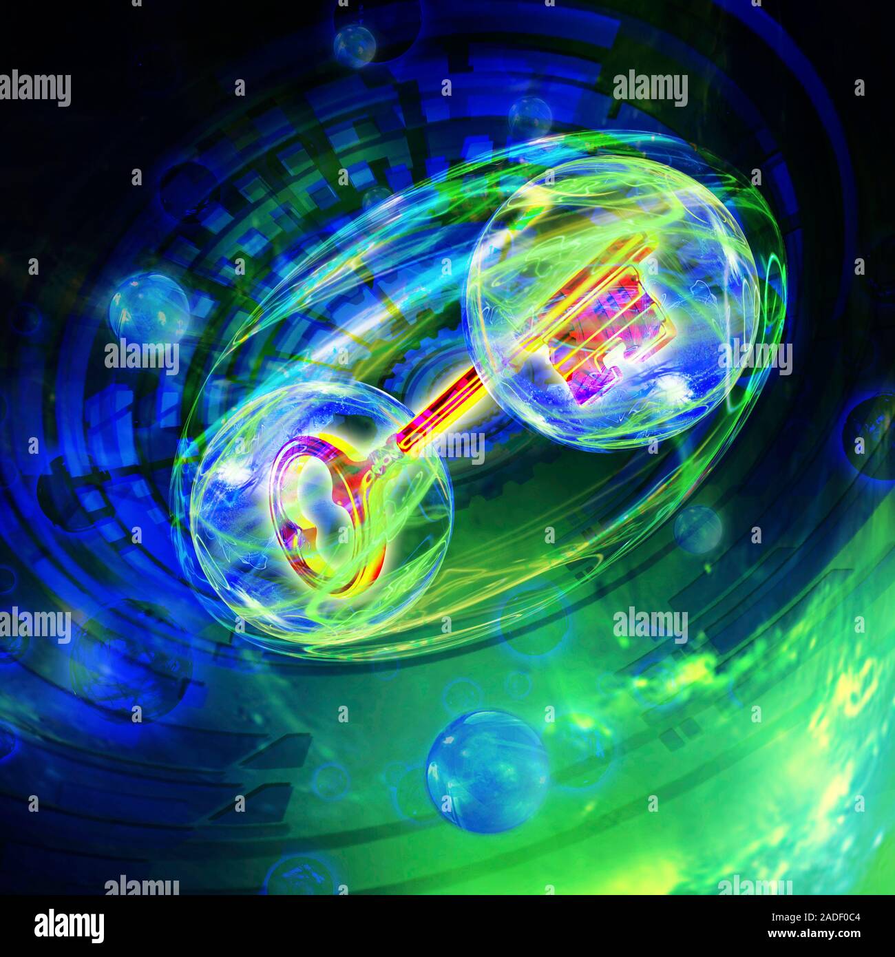 Quantum cryptography. Conceptual illustration of a key and quantum ...