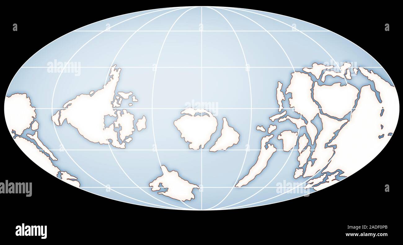 Continents during the Cambrian, illustration. Elliptical projection of ...
