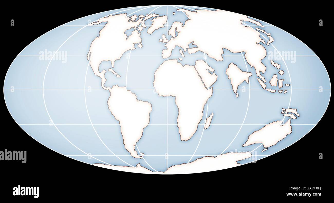 Continents during the Tertiary, illustration. Elliptical projection of ...