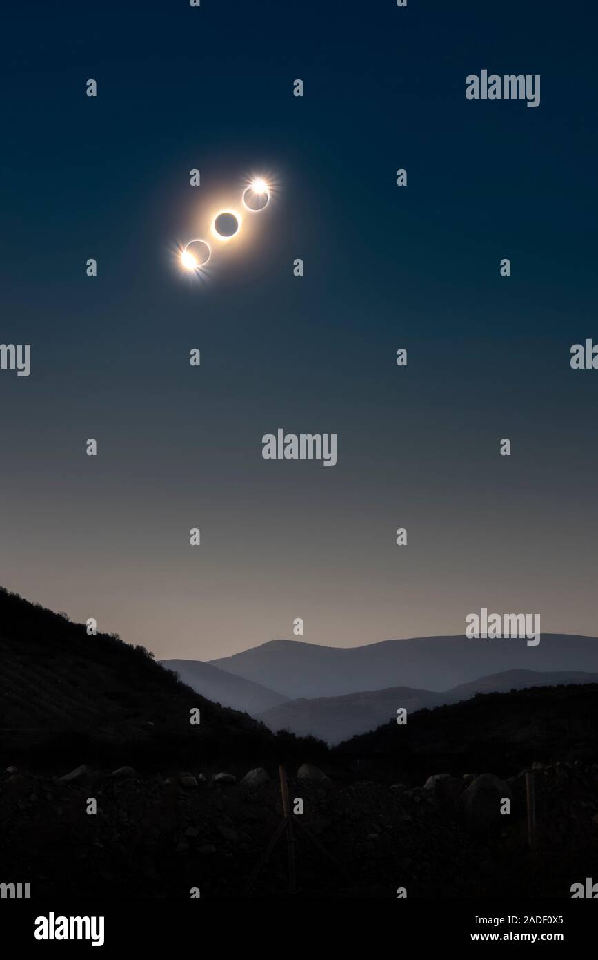 Solar eclipse. This composite image shows the diamond ring phenomenon ...