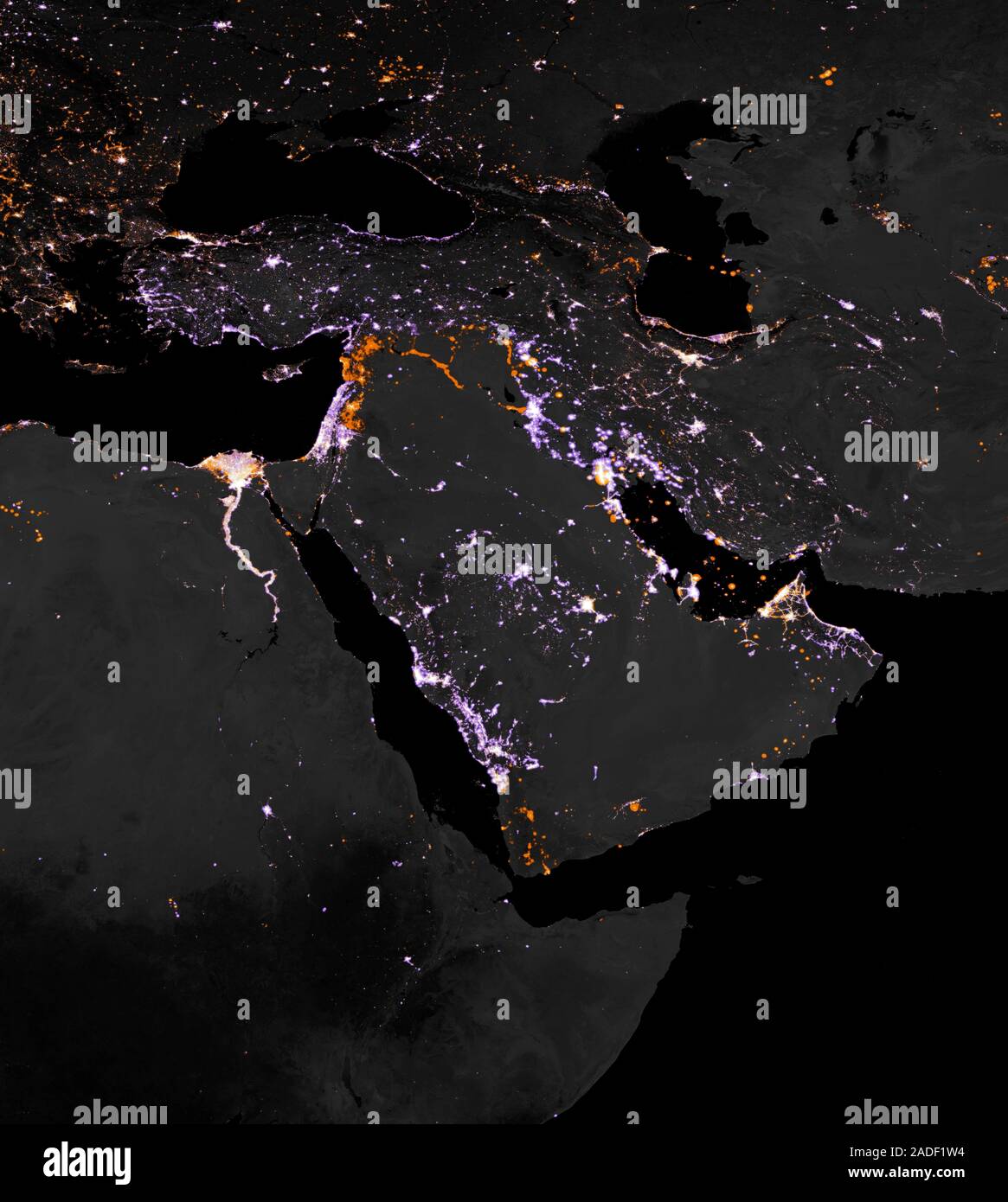 Lighting intensity in Middle East. Composite satellite image showing ...