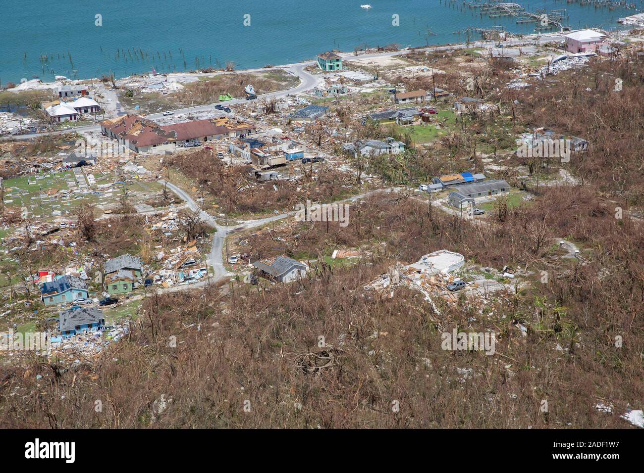 Hurricane Dorian aftermath. Aerial view over the devastation caused to ...