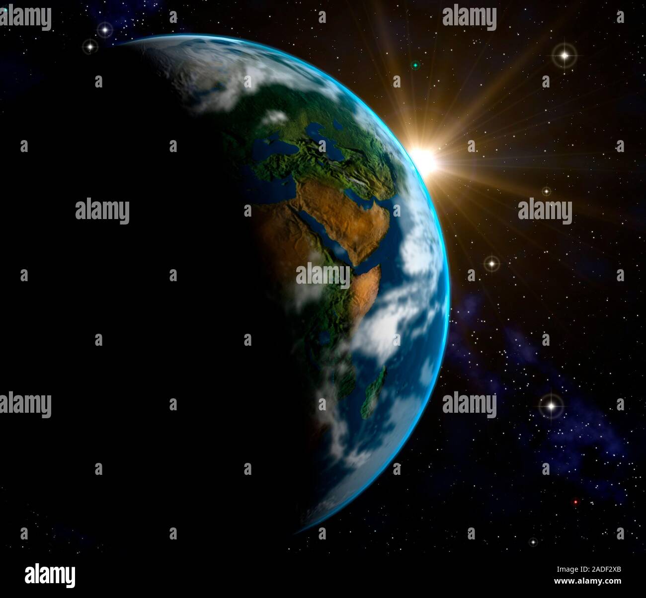 Sunrise. Computer artwork of sunrise over the Earth seen from space ...