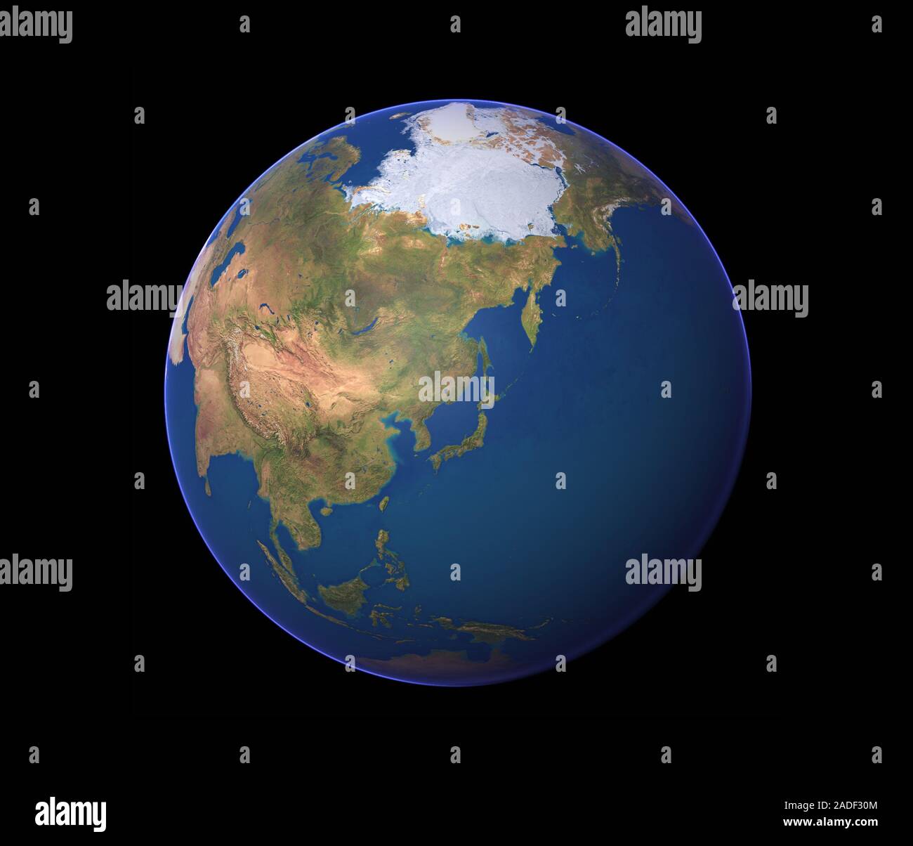 Earth. Satellite image of the Earth, centred on Japan. North is at top ...