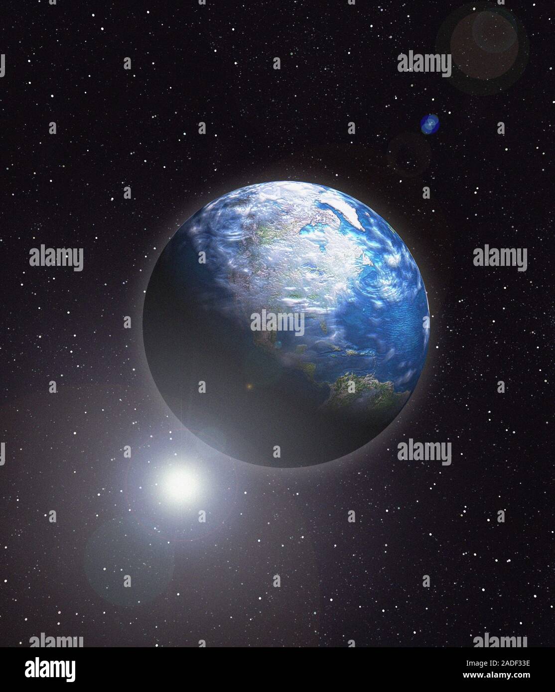 Earth with Sun. Computer artwork of the Earth in space. The distant Sun ...