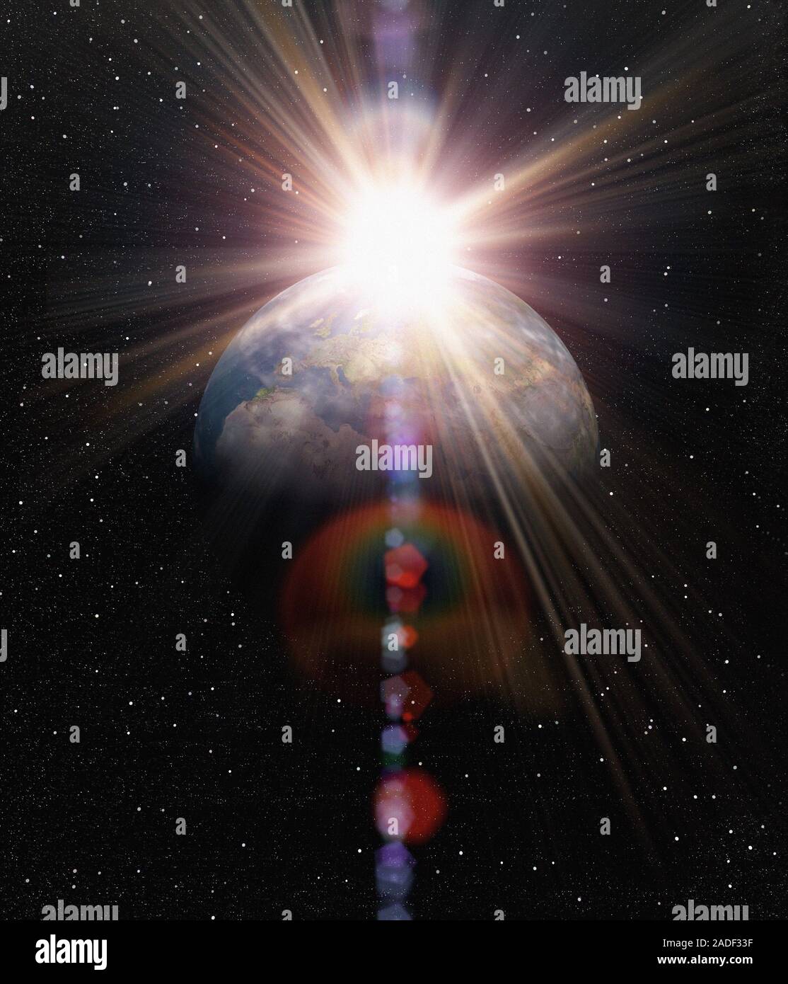 Earth. Computer artwork of the Earth in space with the Sun rising ...