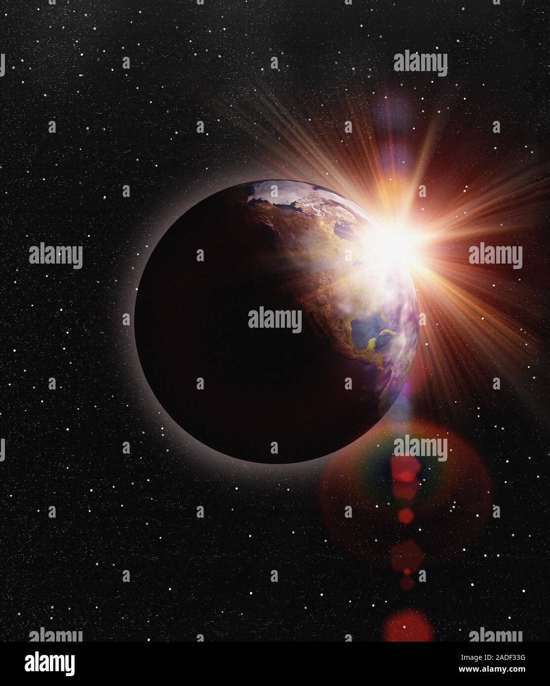 Earth. Computer artwork of the Earth in space, with the Sun emerging ...