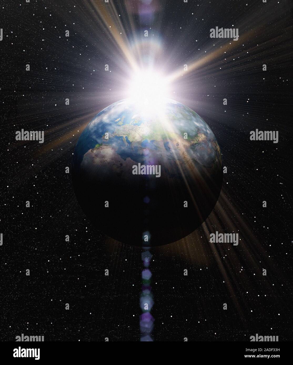 Earth. Computer artwork of the Earth in space with the Sun rising ...