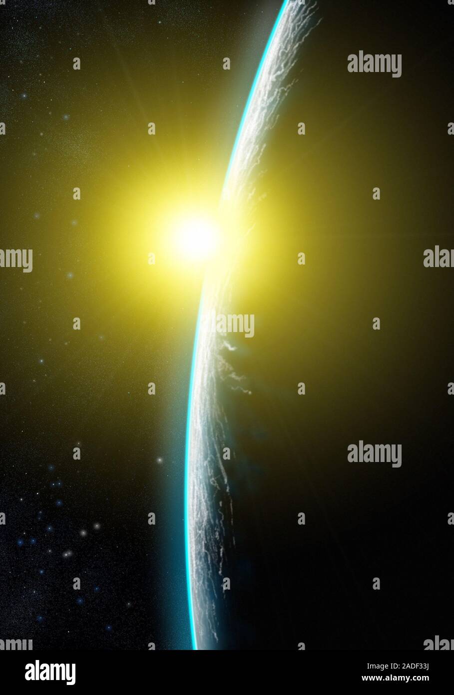 Earth and Sun. Computer artwork of the Sun seen at the Earth's limb ...