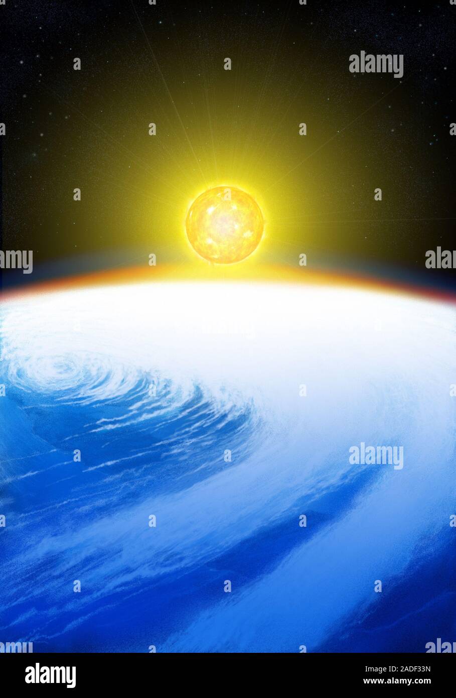 Earth and Sun. Computer artwork of the Sun seen above the Earth's limb ...