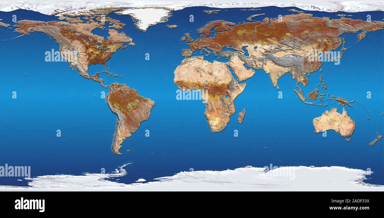 Earth. Coloured satellite image of a cylindrical projection of the ...