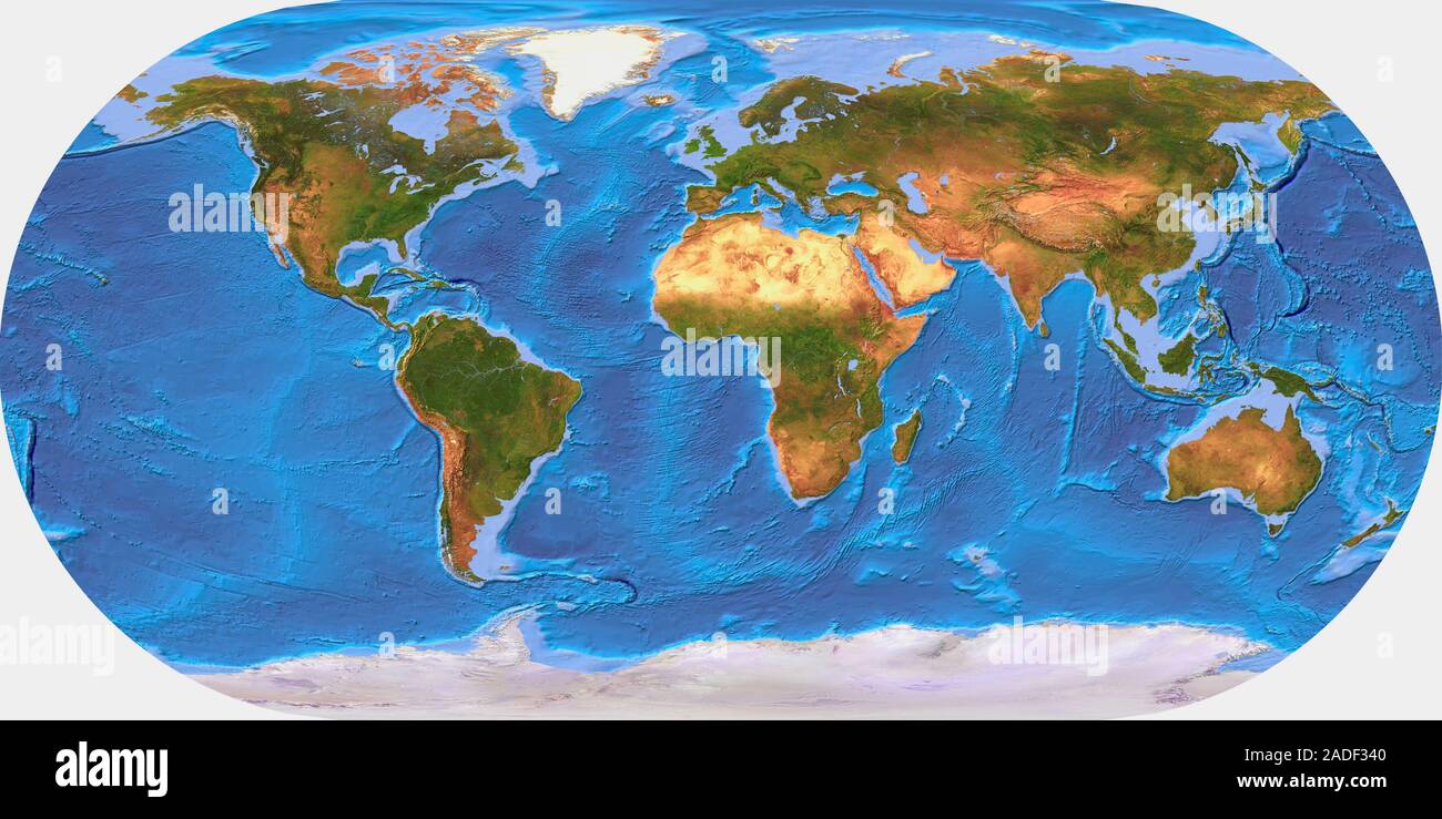 Earth. Coloured computer model of a map of the Earth centred on Africa ...