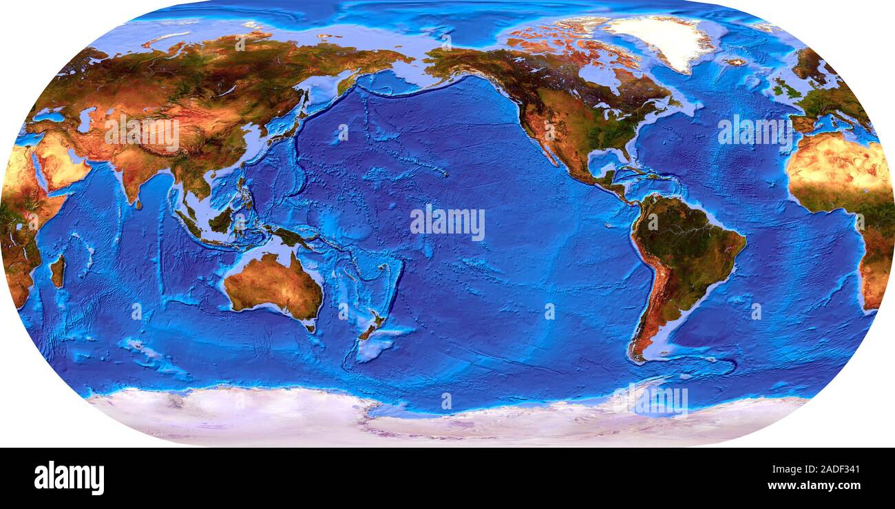 Earth. Coloured computer model of the Earth centred on the Pacific ...