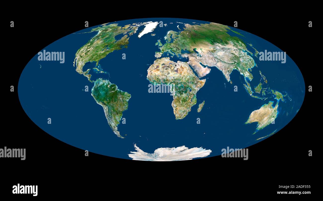 Whole Earth map based on satellite data. The land terrain is mostly ...