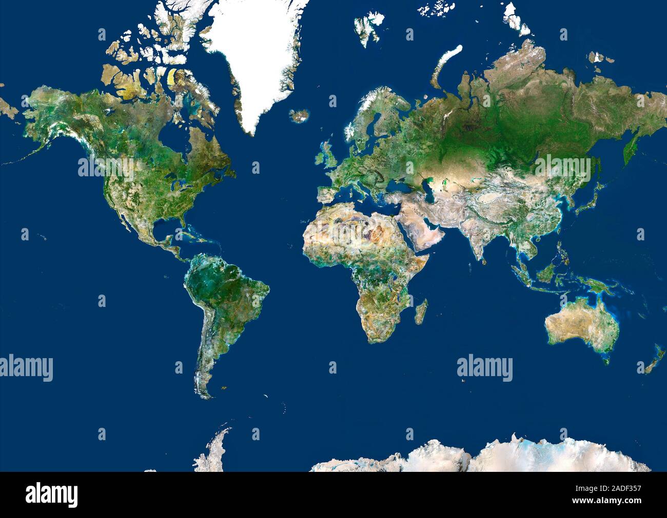 Whole Earth map based on satellite data. The land terrain is mostly ...
