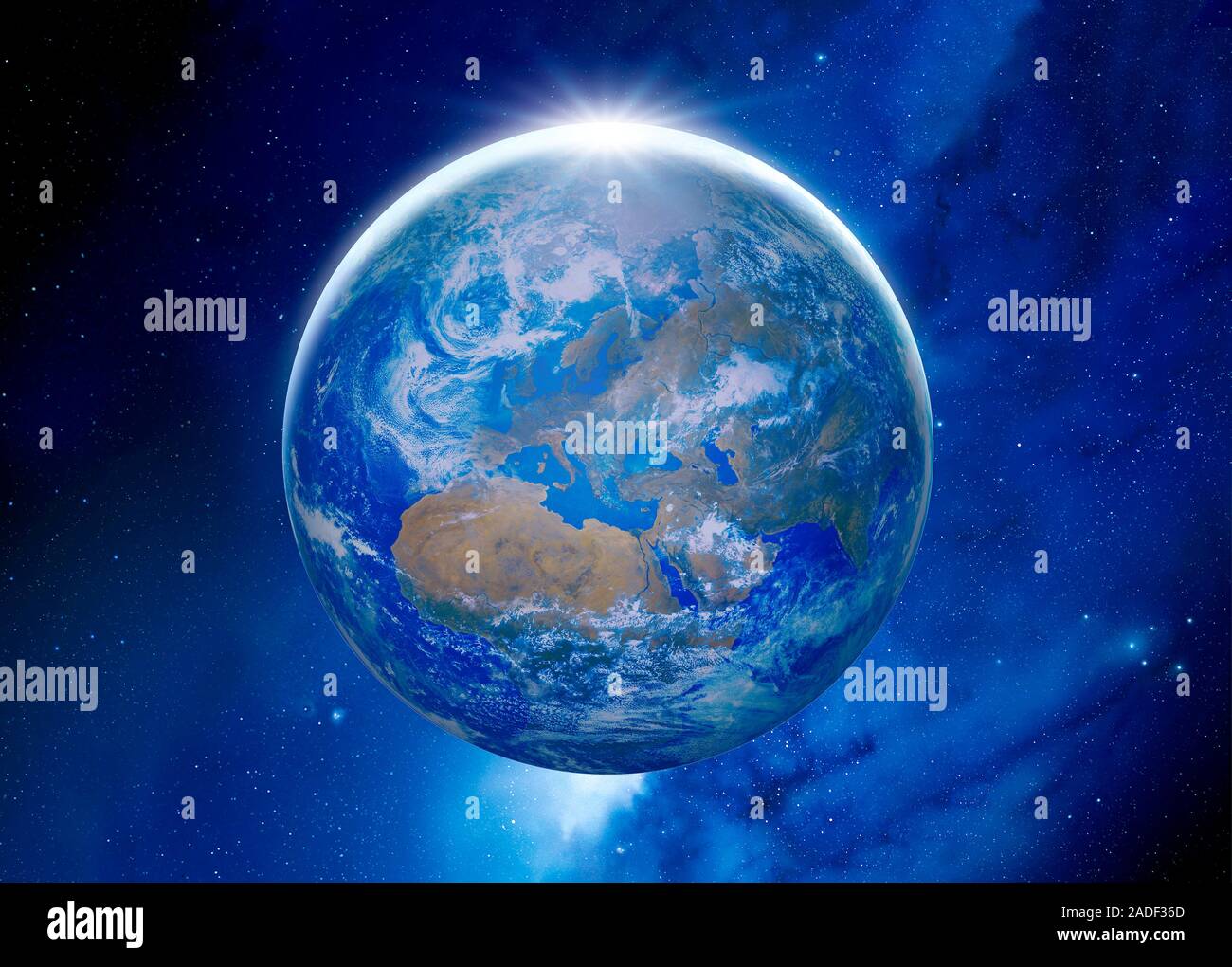 Earth, artwork. The Sun is seen just on the upper limb of the Earth ...