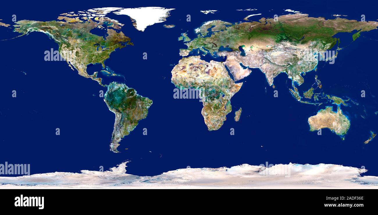 Whole Earth map based on satellite data. The land is mostly covered by ...