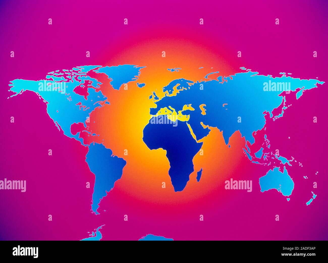 Earth. Computer illustration of the Earth in flat projection, centred ...