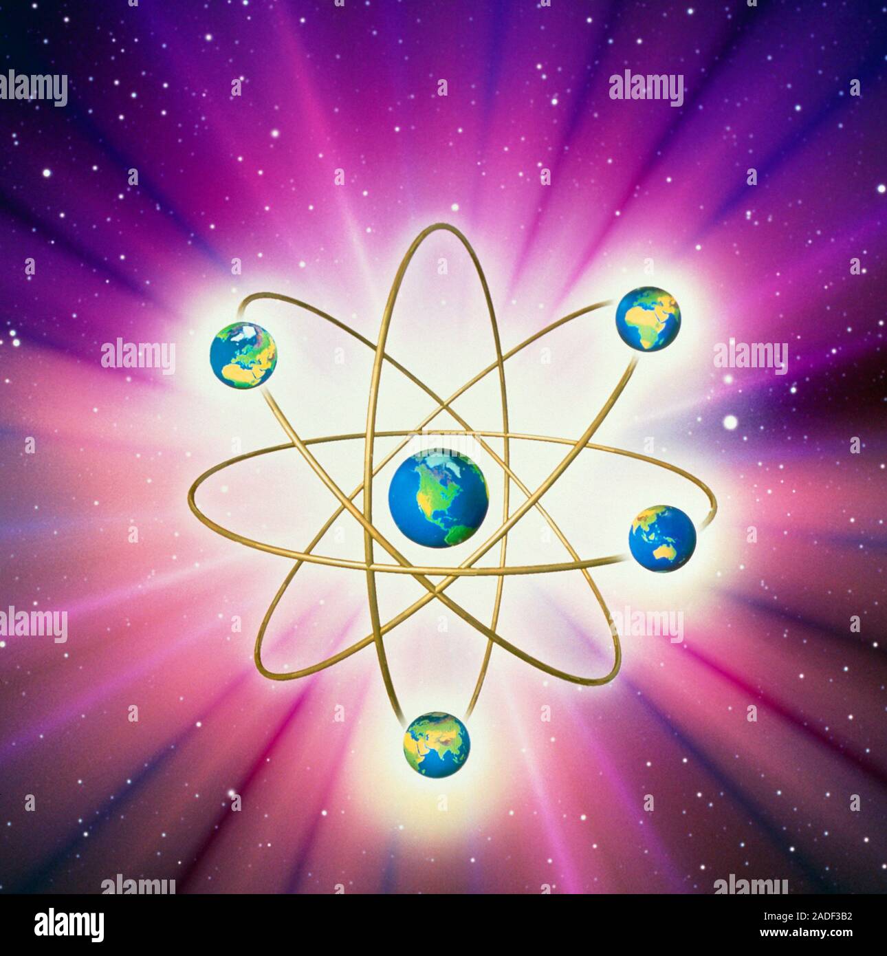 Earth as an atom. Abstract computer illustration depicting an atom ...