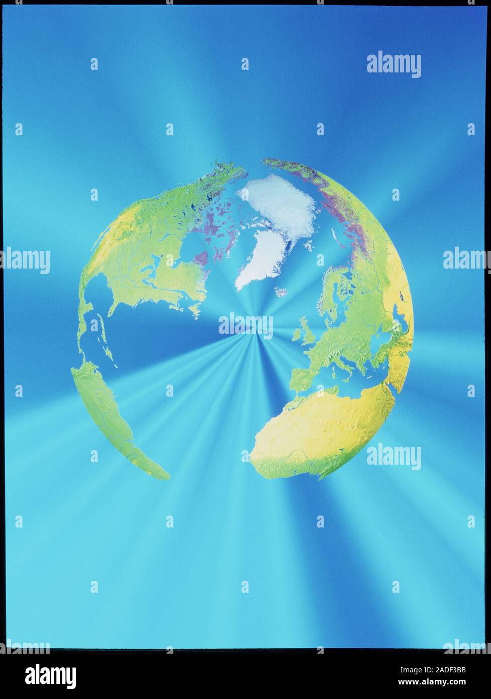 Earth in light rays. Artwork of the whole Earth with light rays in the ...