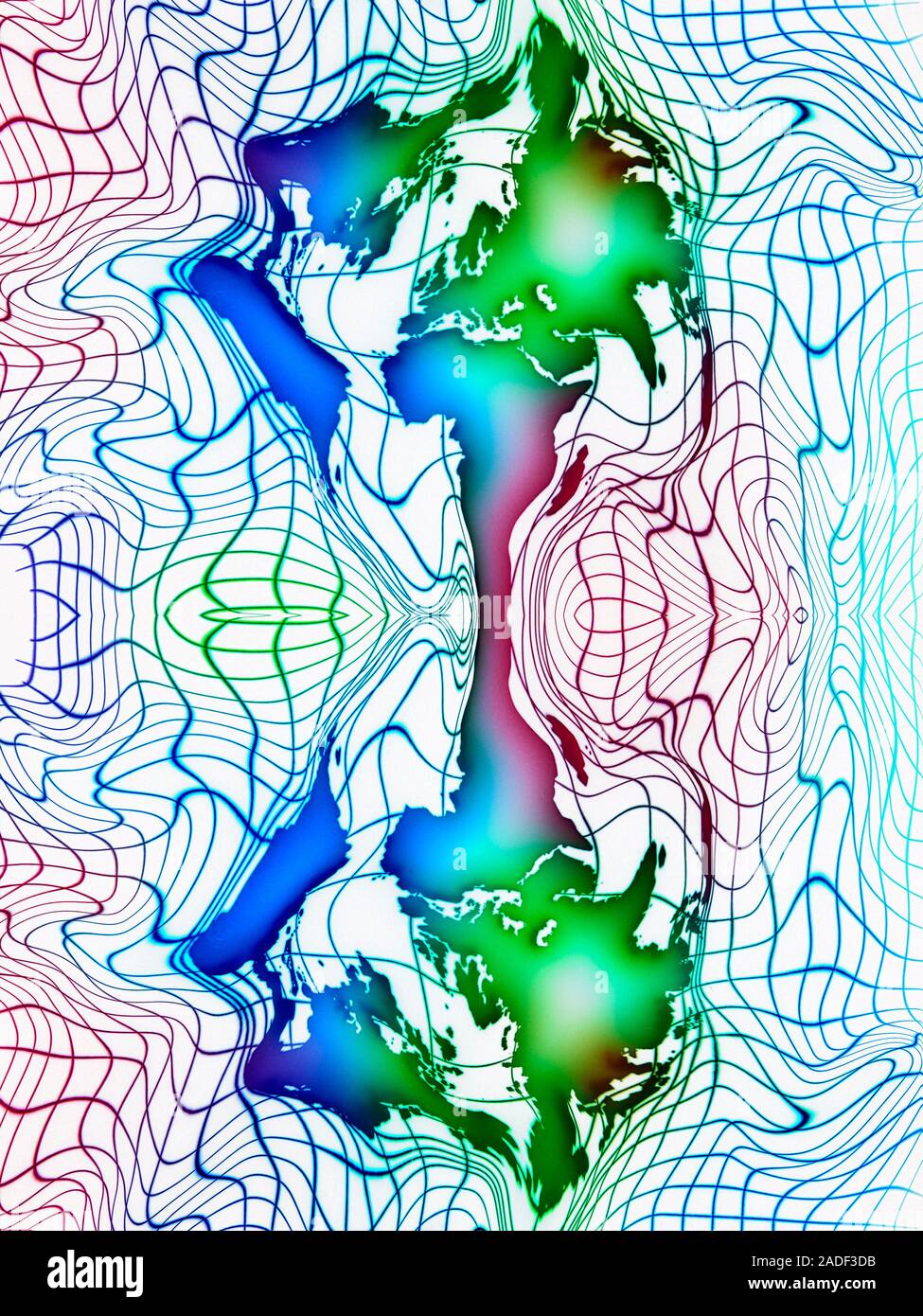 Warped Earth. Conceptual computer artwork of Earth maps showing severe ...