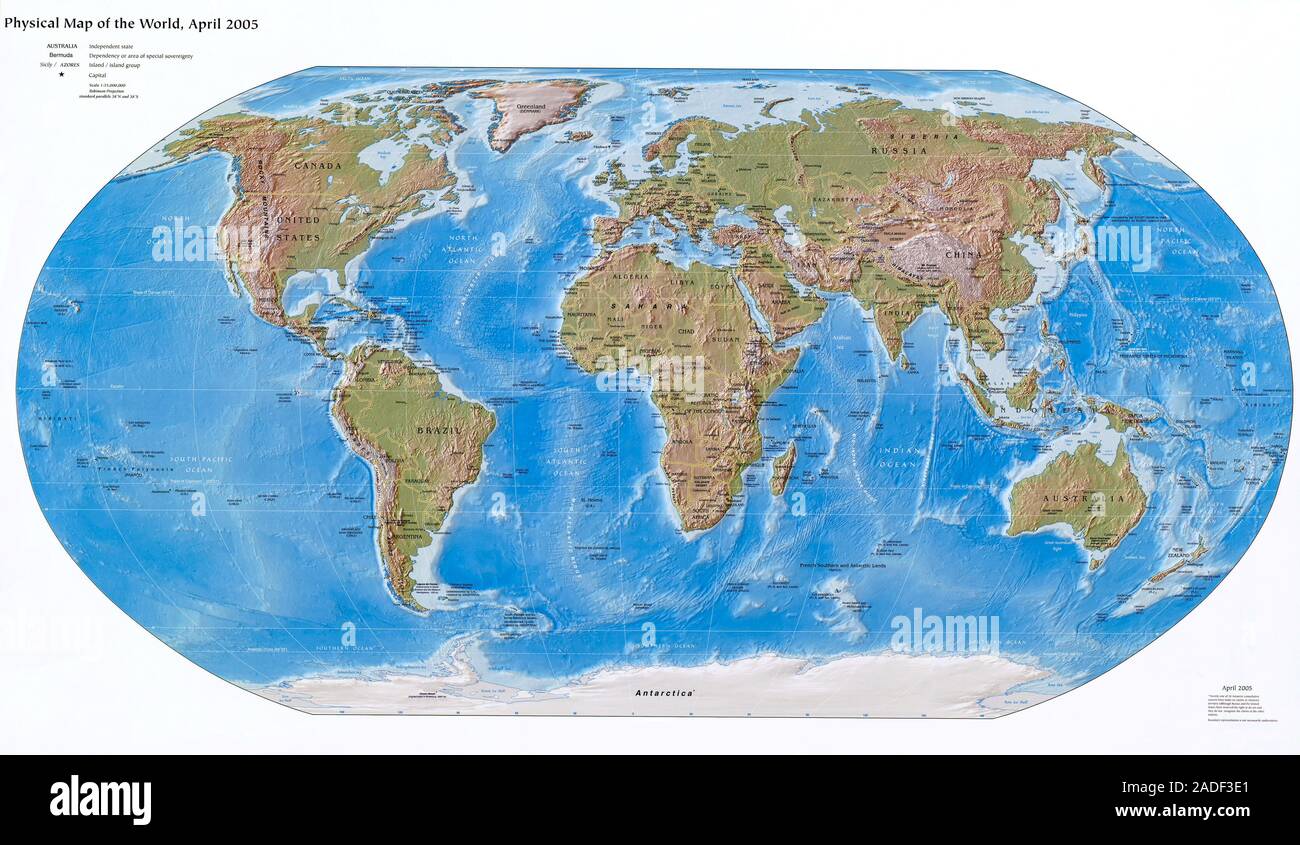 Physical map of the world as of April 2005. Land is coloured according ...