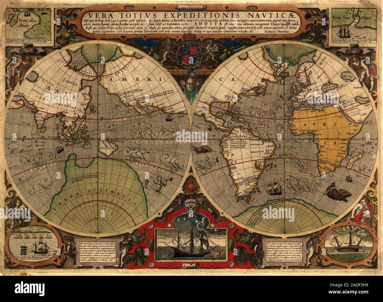 World map. 16th century Dutch map showing the routes taken by Sir ...