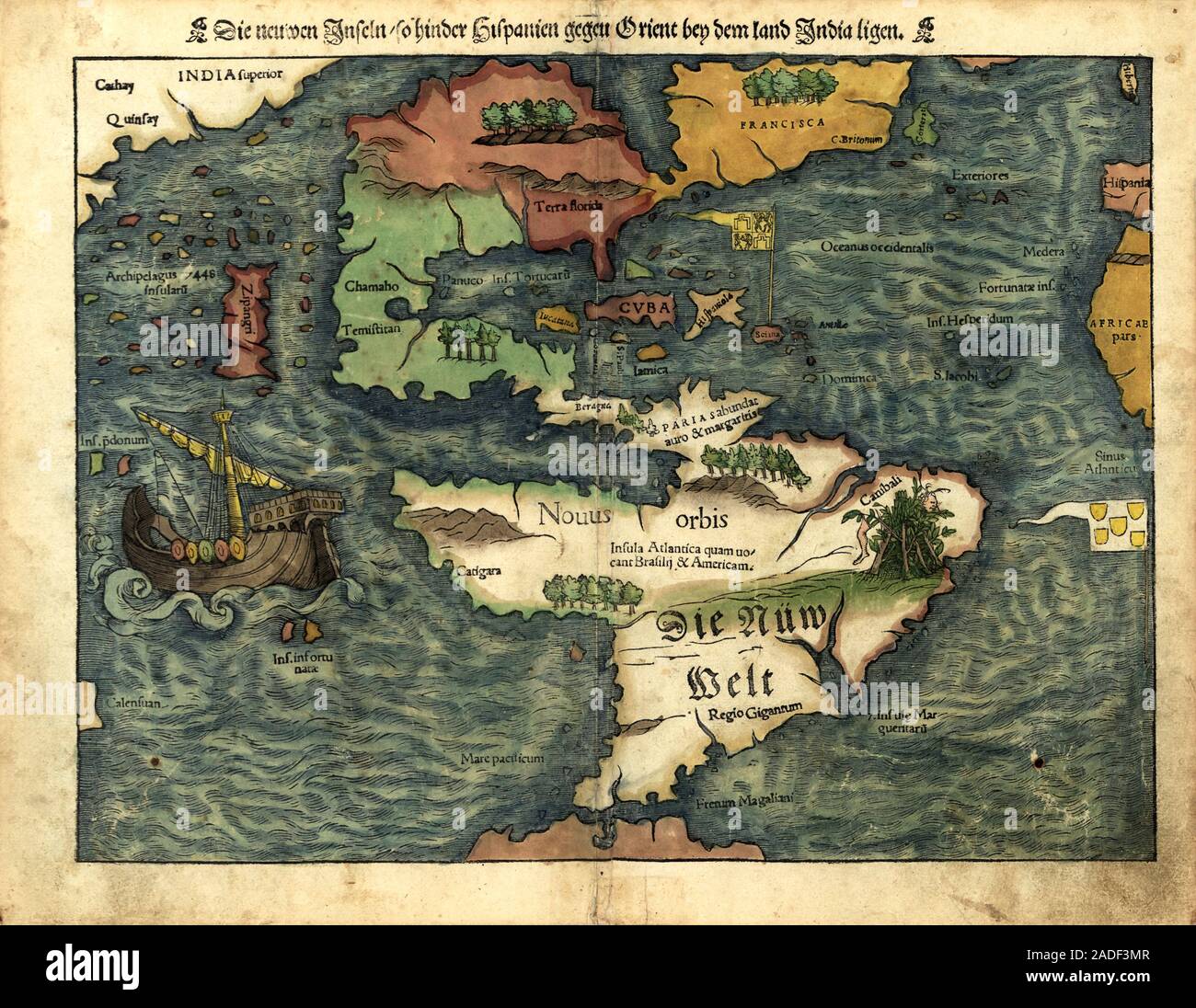 16th century map of the Americas. Published in 1550, this German map ...