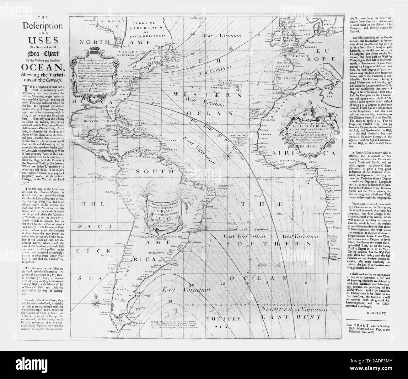 Halley's magnetic Atlantic chart. Chart of the Atlantic Ocean showing ...