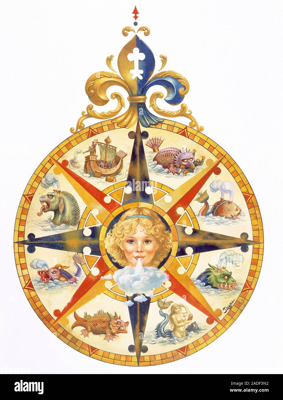 Compass rose, artwork. A compass rose displays the cardinal directions ...