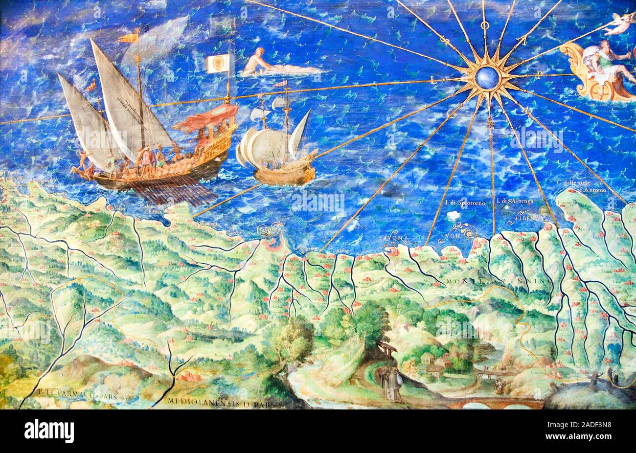 Detail of 16th century map of Liguria. Detail from the map of Liguria ...