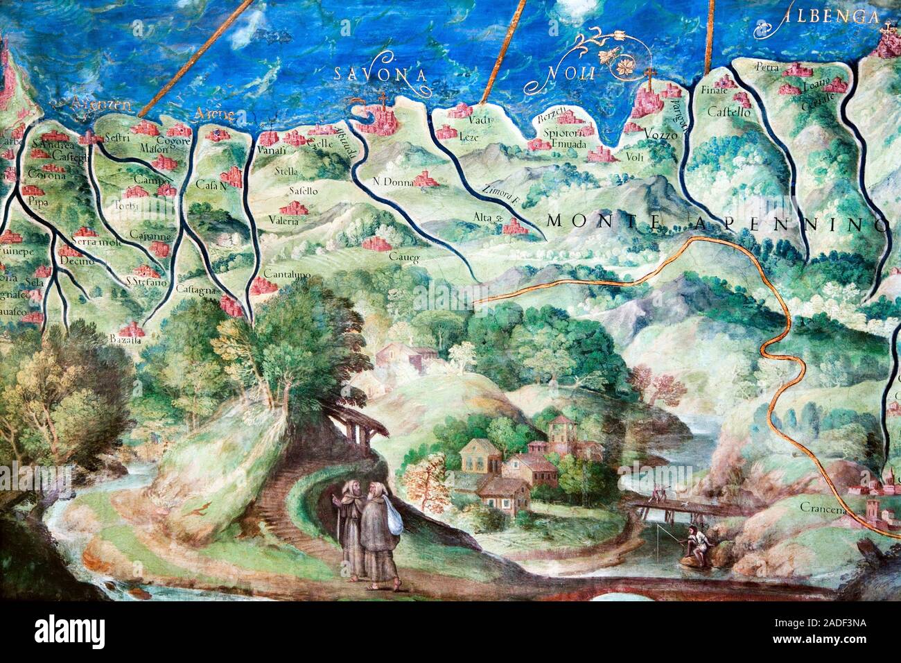 Detail of 16th century map of Liguria. Detail from the map of Liguria ...