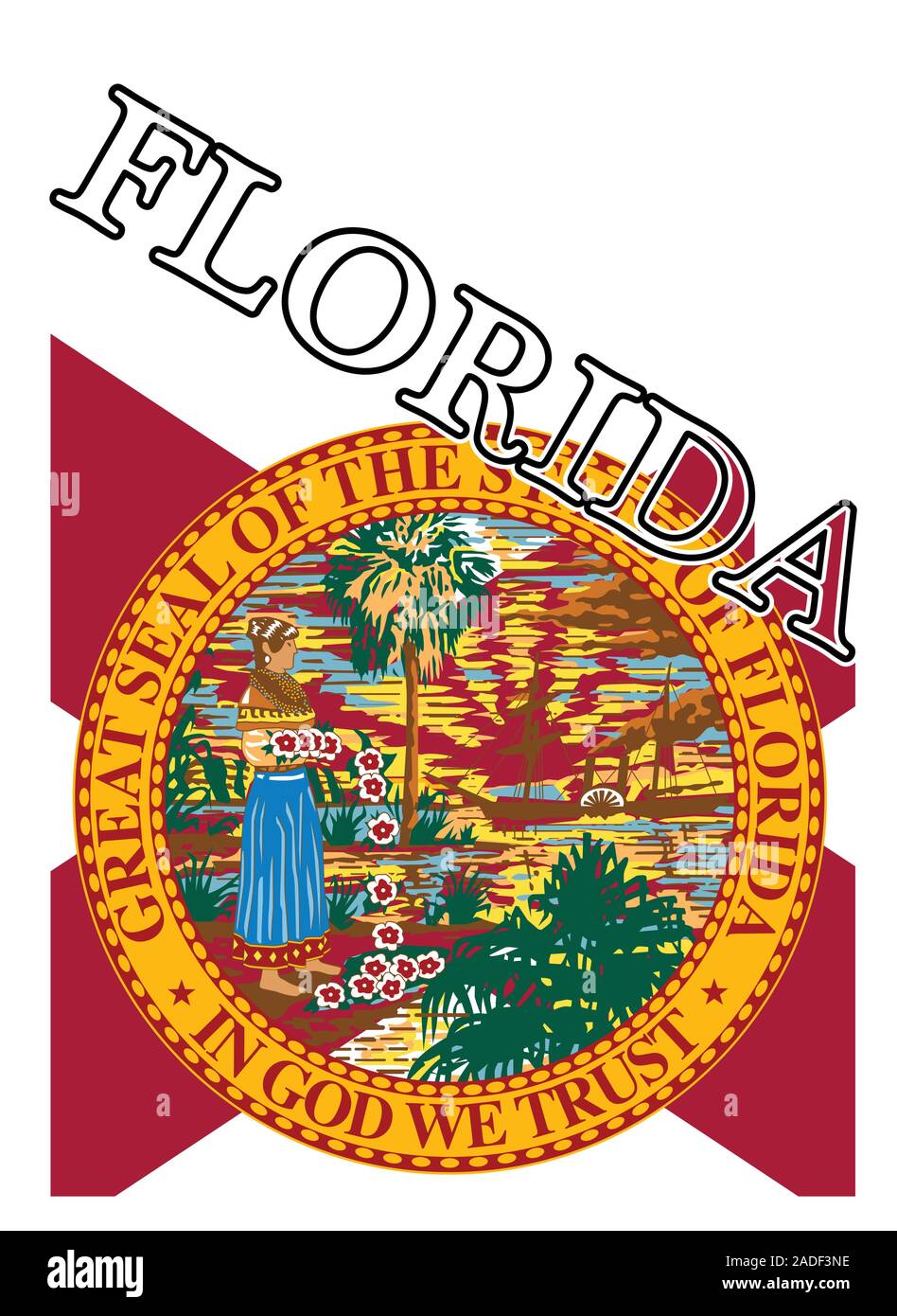 Text in red and white proclaiming Florida with a shadow backdrop over the state flag Stock ...