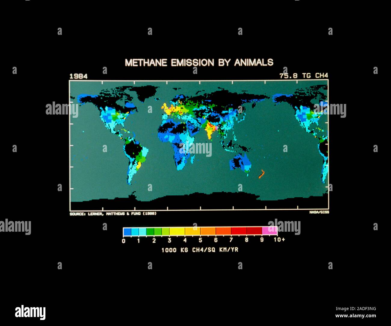 Computer-generated map of the world showing the distribution of methane ...