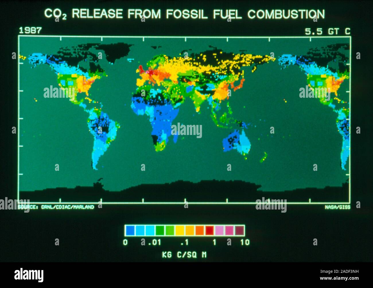 Computer-generated map of the world showing the distribution of carbon ...