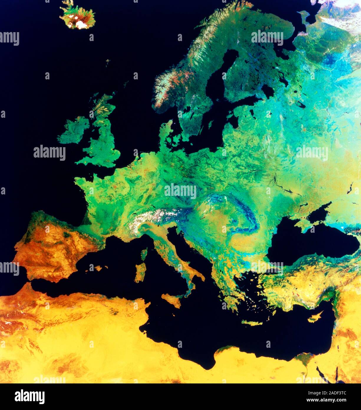 Enhanced-colour satellite view of Europe. This is a mosaic of several ...