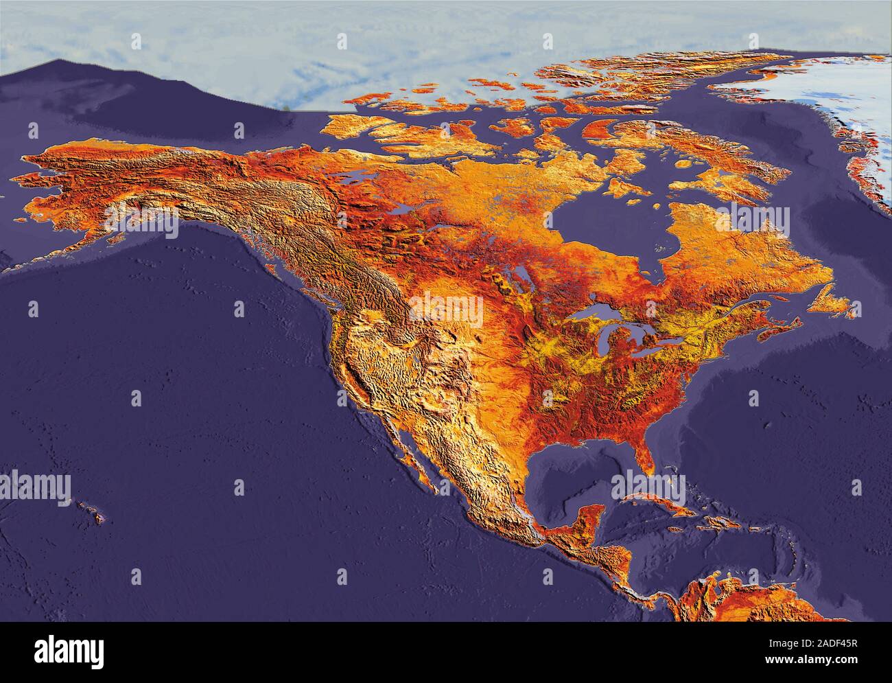 North America. Coloured satellite image of North America. Ocean depth ...