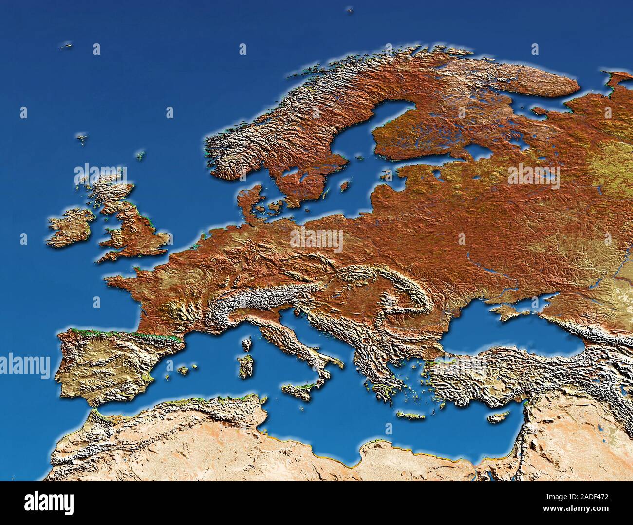 Europe, coloured satellite image. North is at top. Water is blue and ...