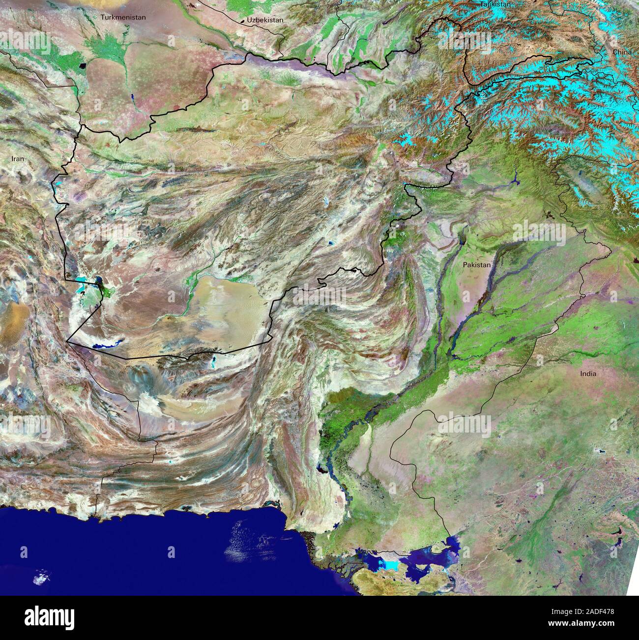Afghanistan and surroundings, coloured satellite image. North is at top ...