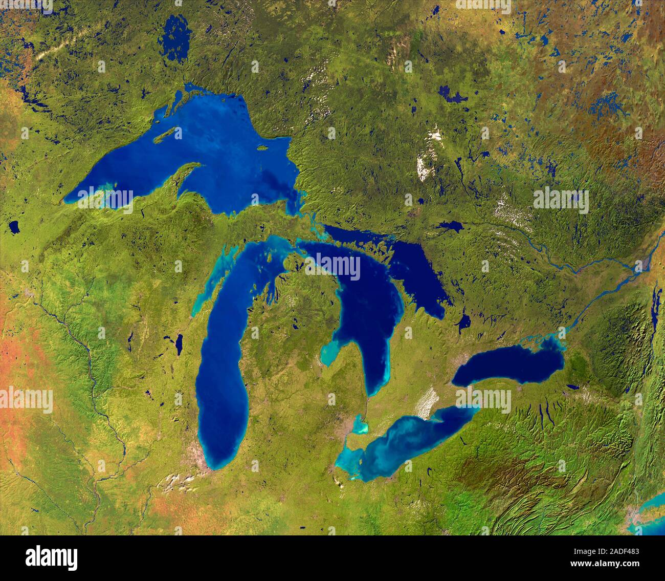 The Great Lakes, computer model based on satellite data. North is at ...