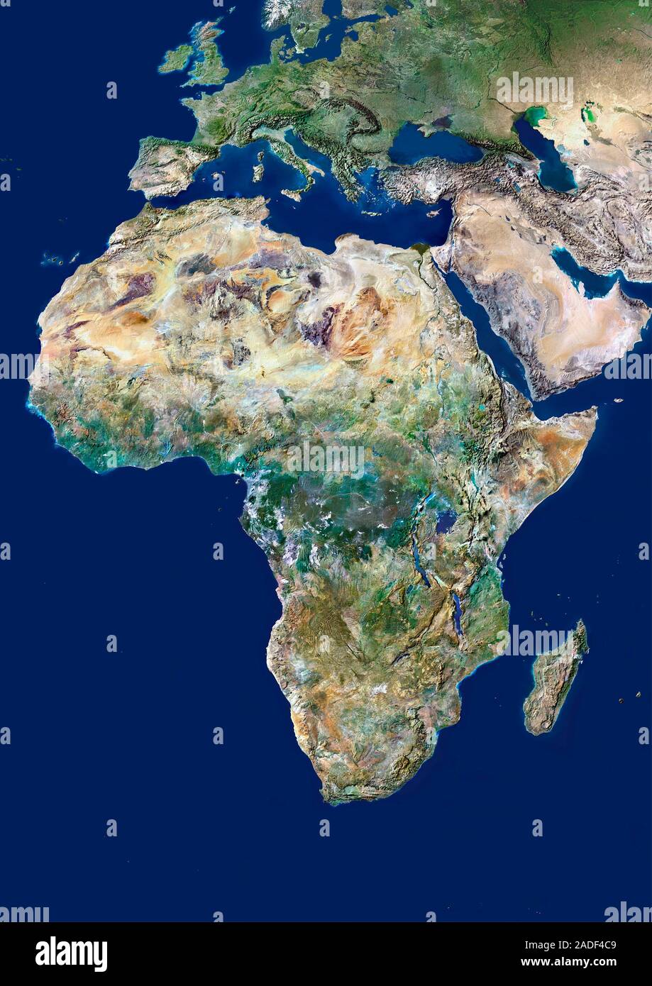 Africa. Satellite image centred on Africa. North is at top. Water is ...