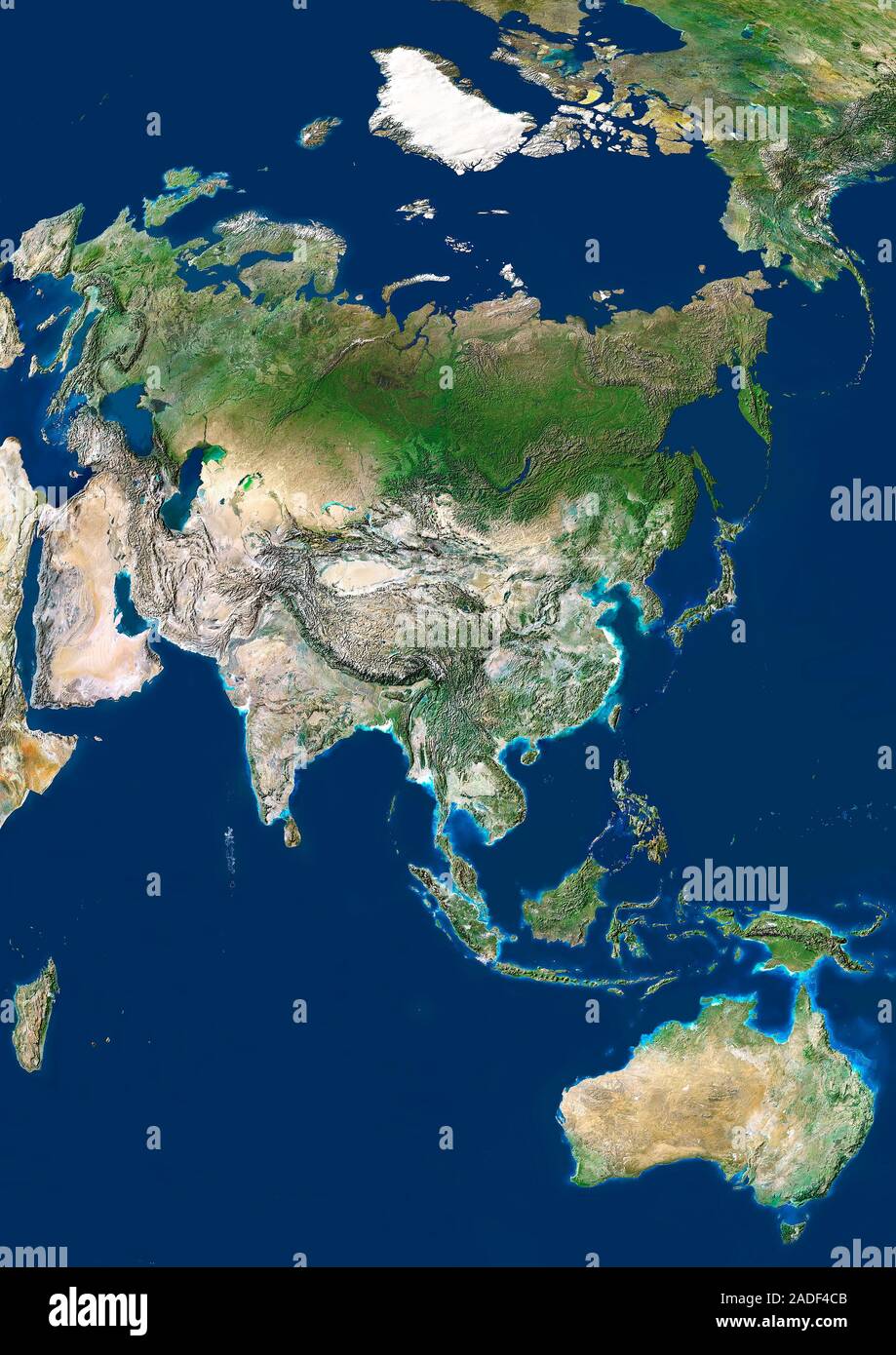Asia. Satellite image centred on Asia. The North Pole is at upper right ...