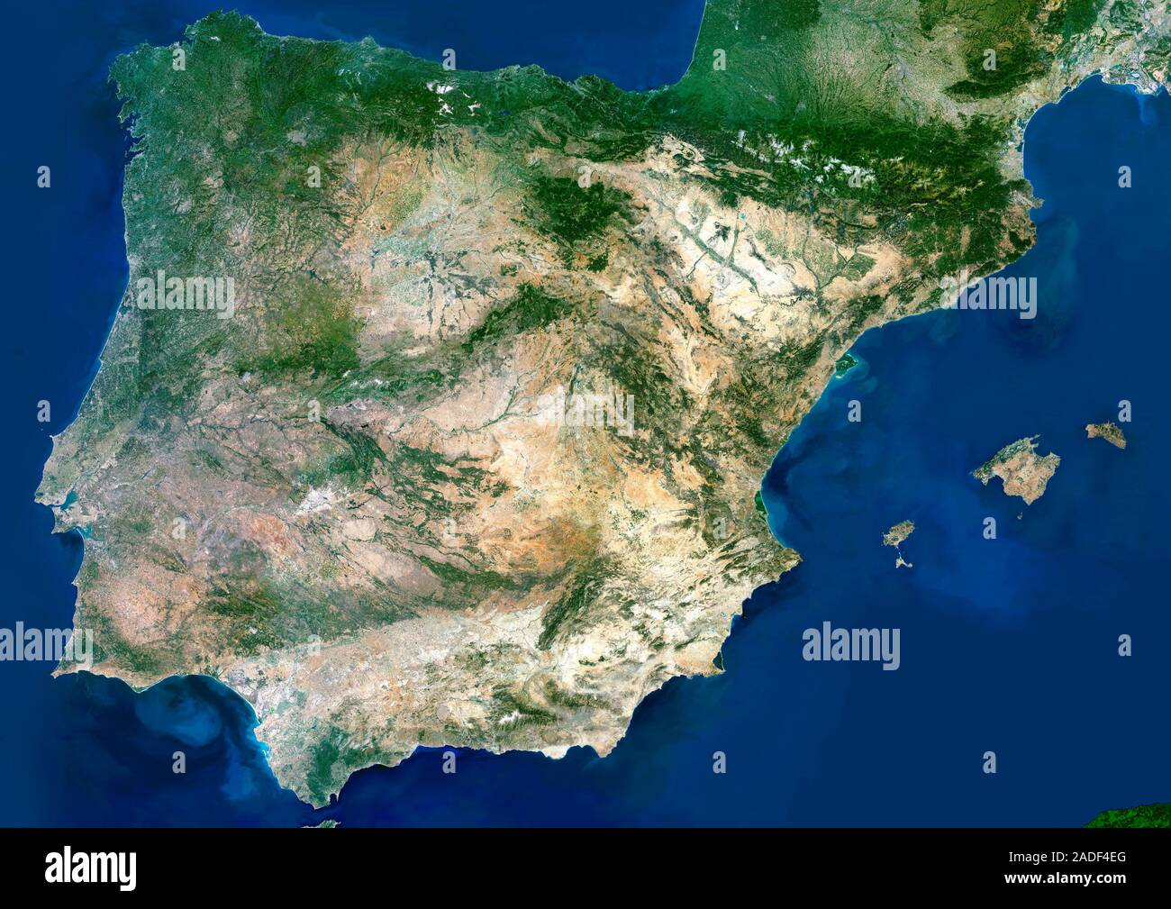 Iberian Peninsula, satellite image. North is at top. Green areas are ...